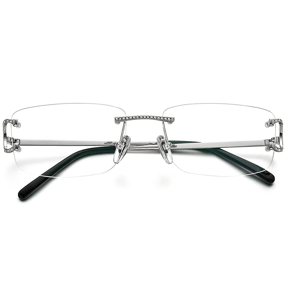 HEPIDEM Vintage Style Rectangular Rimless Metal Eyeglasses for Men Frameless Zircon Diamonds Glasses Frame (50254 Silver)