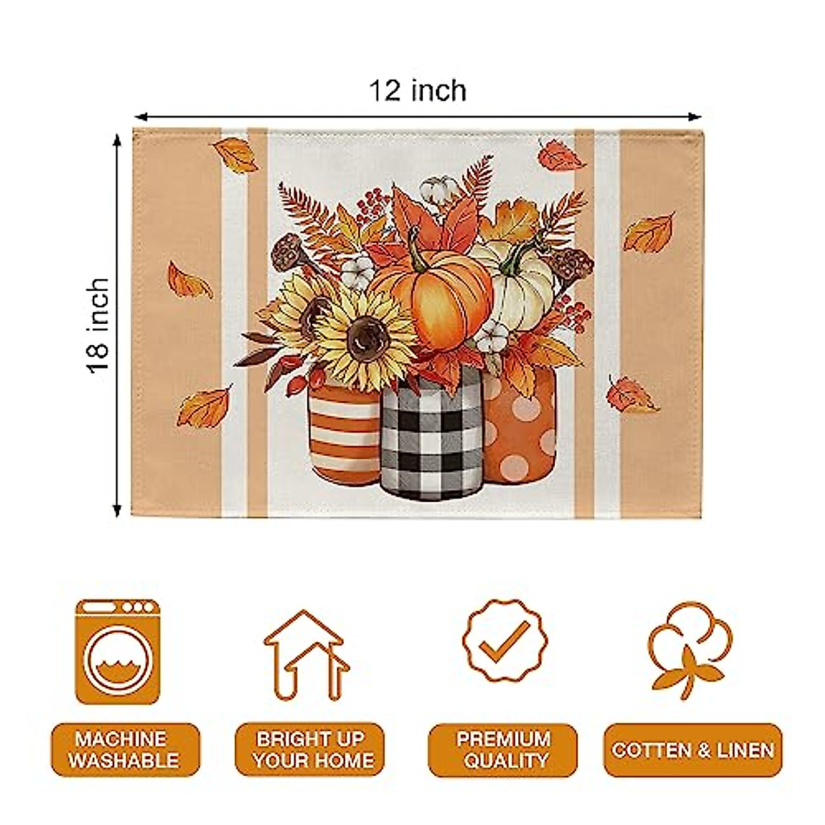 Seliem Fall Pumpkin Sunflower Placemats Set of 4, Autumn Leaves Flower Buffalo Plaid Mason Jar Farmhouse Dining Table Place Mats, Thanksgiving Seasonal Kitchen Decor Party Home Decoration 12x18 Inch