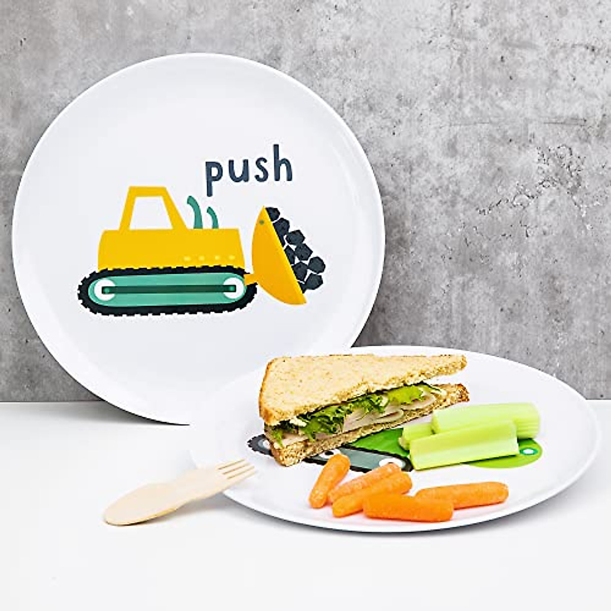 Tiny Expressions – Construction Plates for Toddlers - Set of 4 Melamine Plates for Kids - Mixer, Excavator, Bulldozer, and Dump Truck - Fun Plastic Plates for Kids