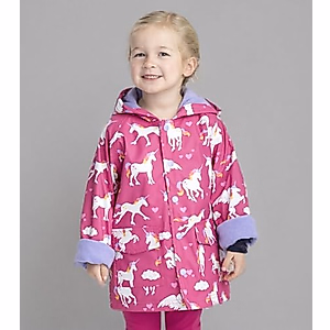 Hatley Girls' Little Button-Up Printed Rain Jacket, Rainbow Unicorns, 5 Years