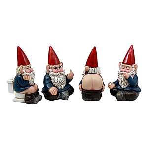 Ebros 4" Tall Badass Naughty Magical Gnome Mooning Figurines Collectible Set of 4 Whimsical Dwarf Gnomes Dwarves Fairy Garden Accessory Decors