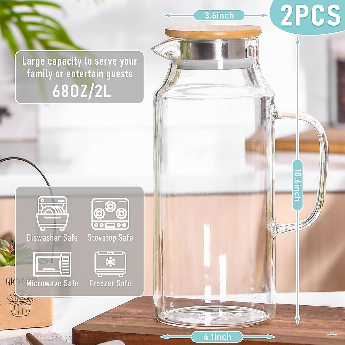 2 Pcs Glass Pitcher Water Pitcher with Lid Hot Cold Water Pitcher Bedside Water Carafe with Handle Heat Resistant Borosilicate Glass Jug for Fridge Beverage Carafe (68 oz,Stainless Steel, Bamboo)