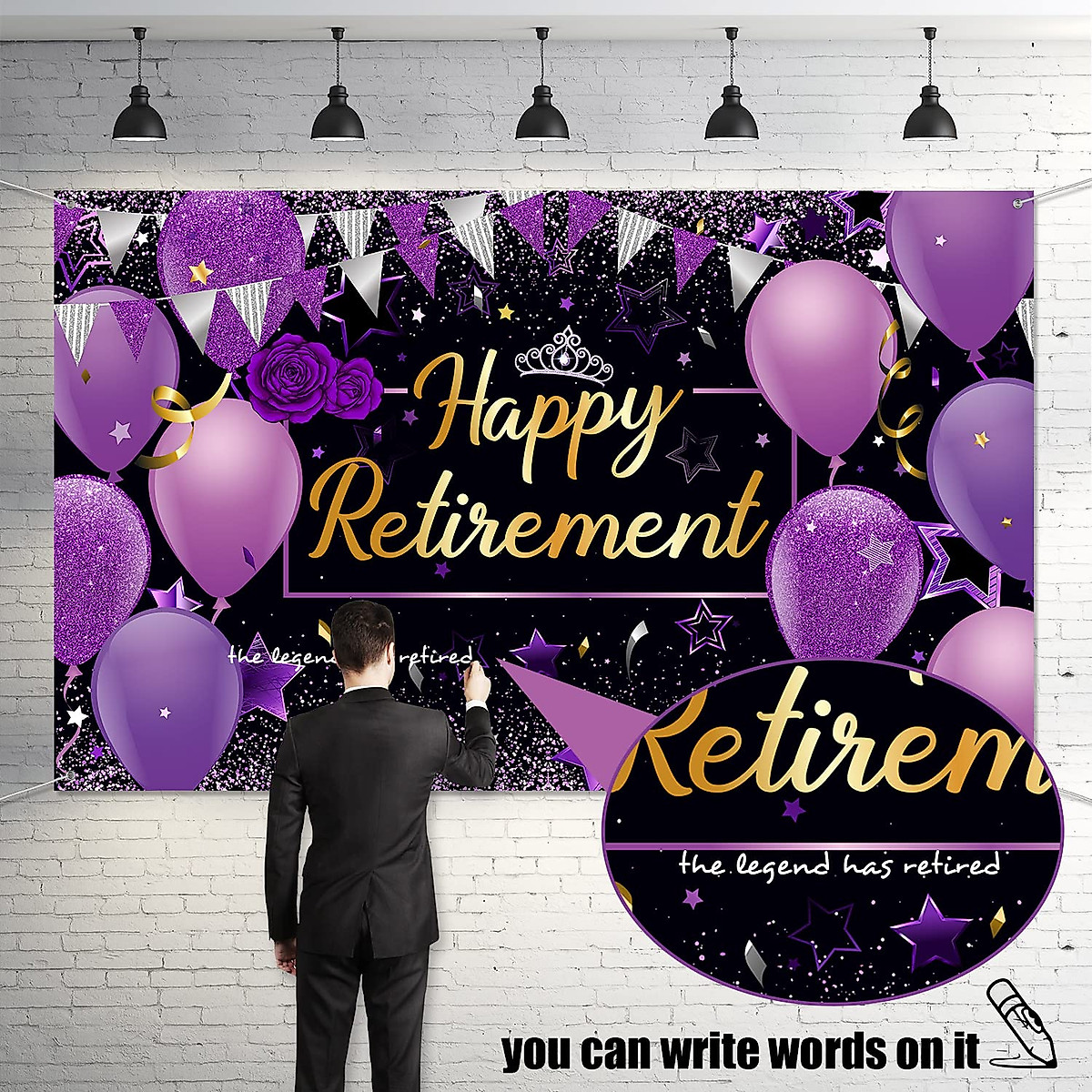 Blulu Retirement Party Decorations, Extra Large Fabric Retirement Sign Banner Photo Booth Backdrop Background with Rope for Retirement Party Favor(72.8 x 43.3 Inches,Purple and Black)
