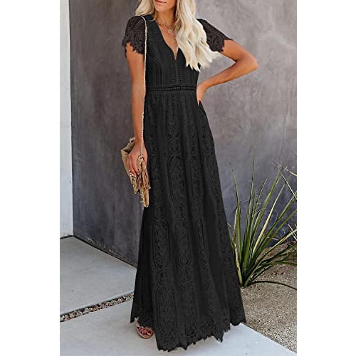 PRETTYGARDEN Women's Floral Lace Maxi Dress 2023 Short Sleeve V Neck Bridesmaid Wedding Evening Party Dresses(Black,X-Large)