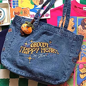 Tote Vintage Denim Embroidery Casual Cool Girl Shoulder Bag Soft Student Large Capacity Shopping Bag Harajuku (blue)