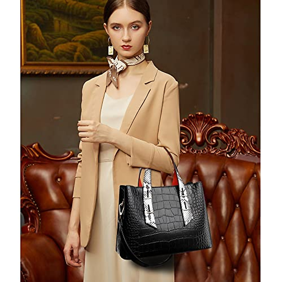 JESSWOKO Womens Black Snakeskin Texture Totes Handbag Purse Fashion Business Top Handle Bag Crossbody Shoulder Bags for Women JT031