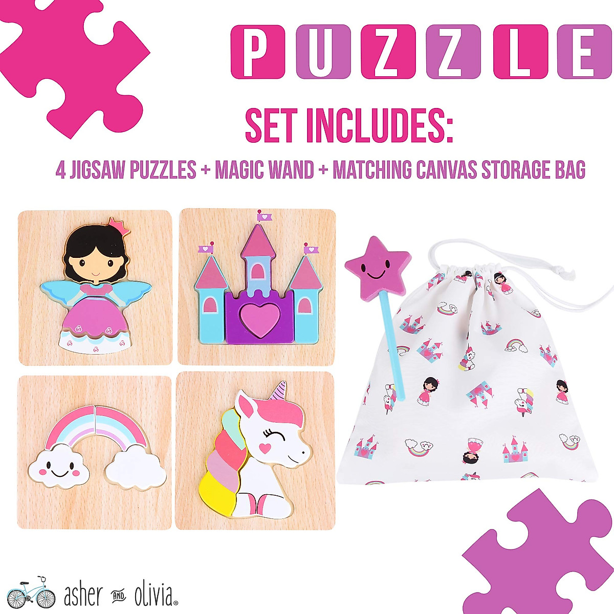 Princess Jigsaw Puzzle and Wand Set - Storage Bag Included - Rainbow, Unicorn and Castle Set - Puzzle for Toddlers 1-3