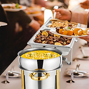 Restlrious Soup Chafer 7 QT Stainless Steel Round Soup Warmer, Large Marmite Soup Chafer with Pot Lid and Fuel Holder in Gold Accent, for Catering Parties Events Banquets, Commercial Grade 2 Pack