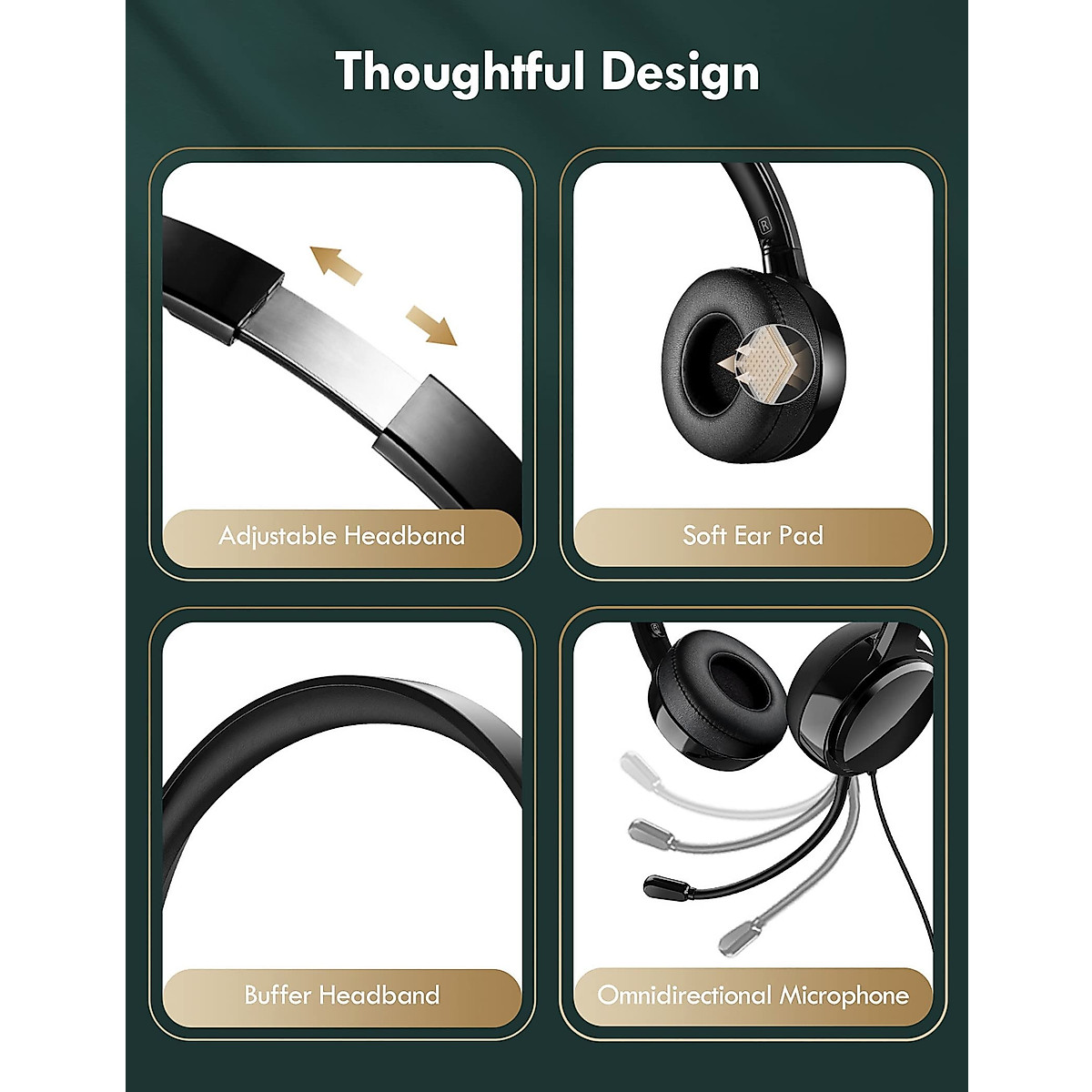 USB Headset with Microphone for PC Laptop, JabNecter 3.5mm Headphones with Microphone Noise Canceling & Volume Control, Computer Headset with Mute&Sidetone for VoIP Skype MS Teams Online Conference