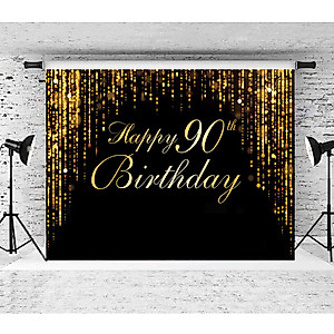 Happy 90th Birthday Party Decorations Backdrop, Black Gold Glitter Bokeh Dots Birthday Party Photo Background Cake Table Banner Extra Large Wall Decor Props Party Decorations Supplies (73'' x 50'')