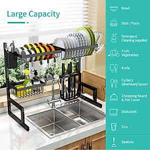 Over The Sink Dish Drying Rack Adjustable (25.6"-33.5"), 2 Tier Stainless Steel Dish Rack Drainer, Large Dish Rack Over Sink for Kitchen Counter Organizer Storage Space Saver with 10 Utility Hooks