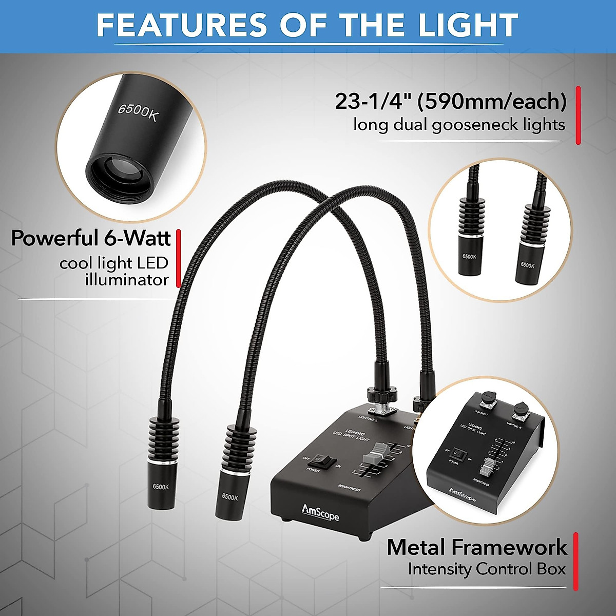 AmScope LED-6W Powerful 6 Watt LED Dual Gooseneck Lights Illuminator, Black, 1 Count (Pack of 1)