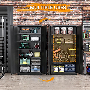 STANI Metal Garage Storage Cabinet with Lock, 71" Steel Lockable File Cabinet, Locking Steel Storage Cabinet with 4 Adjustable Shelves for Home, Office, Warehouse, Garage, School (Black)