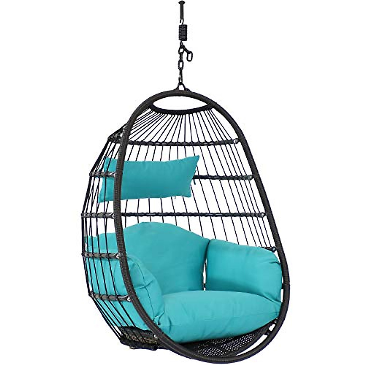 Sunnydaze Penelope Black Steel and Polyethylene Wicker Hanging Egg Chair with Turquoise Polyester Seat Cushions - Bohemian Single Lounge Chair Swing - Collapsible Nylon Rope Back - 45-Inch Tall