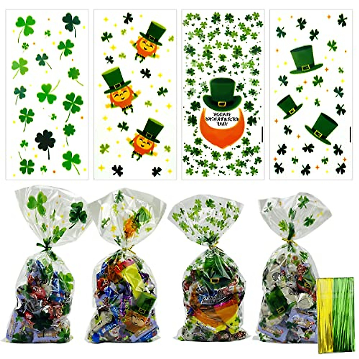 160 Pieces St. patrick's day Cellophane Treat Bags, Irish Lucky Shamrock Plastic Candy Bags Goodie Favor Bags with Ties for Saint Patrick's Day Party Supplies