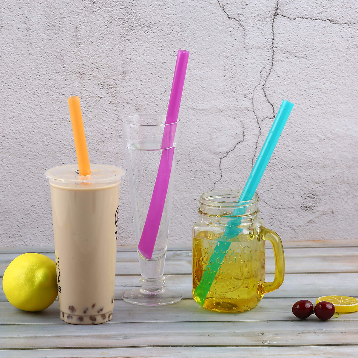 Angled Tips 8 Pieces Reusable Boba Straws and Smoothie Straws, Extra Wide Great for Bubble Tea, Boba Pearls, and Thick Drinks with 2 Cleaning Brushes, BPA Free and Eco-friendly
