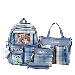 MOMEITU Kawaii Backpack with Cute pins and Pendants ins School Plaid Backpack Harajuku Student School Bag(Blue)