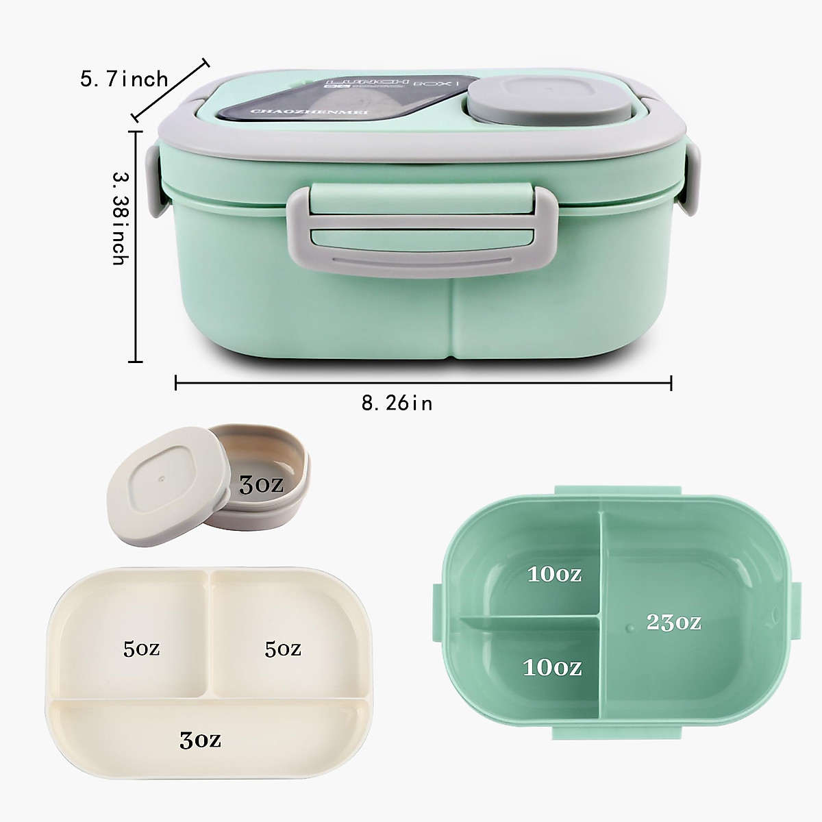 Tinaforld Adults Bento Lunch Box,Salad Container Large 43oz Salad Bowl, Bento-Style Tray for Toppings, 3oz Sauce Container for Dressings, and Built-In Reusable Fork (Green)