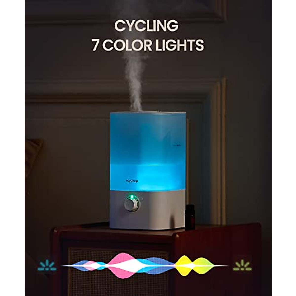 raydrop Humidifiers for Bedroom, 2.5L Top Fill Cool Mist Humidifiers for Home, Large Room, Baby, and Plant, Essential Oil Diffuser with Cycling 7 Color Lights, 360° Nozzle, Auto Shut-Off, White