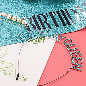 Kaiersi Birthday Crowns for Women Birthday Queen Sash & Rhinestone Headband Set - Birthday Tiara and Sash kit,Crystal Hair Accessories for Cake Toppers Birth Hairpiece Hair Band for Party (Blue)