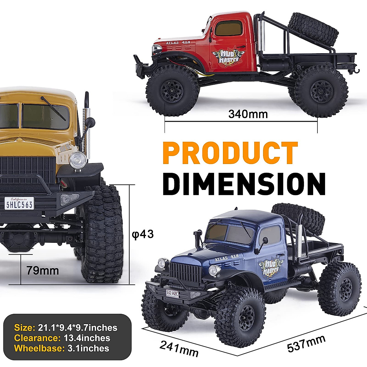 WOWRC RocHobby Atlas 1/10 RC Crawler, 2.4Ghz RC Rock Truck Off Road, RC Car Indoor&Outdoor 2 in 1, RC Rock Crawler 4x4 Hobby Grade for Adults Need to Complete with Battery, Yellow