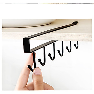 Gouccpu 1 Pack Hanging Hooks Rack Under Cupboard Cabinet Cup Holder Coffee Mug Holder 6 Hooks Drilling Free Coffee Cups Holder Kitchen Utensil Storage Organizer Hook Rack (Black)