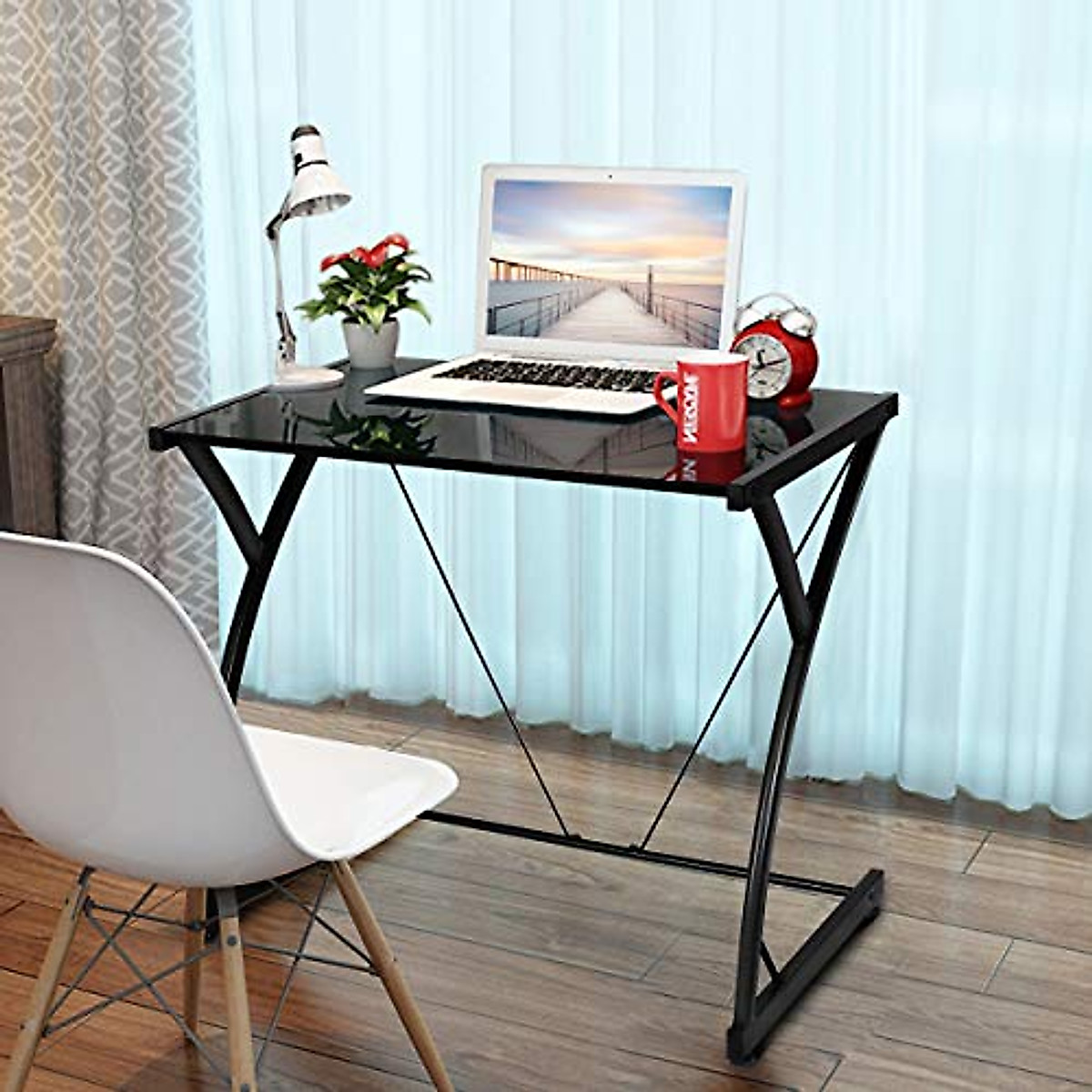 Tangkula Computer Desk Writing Table with Glass Top, Z-Shape Iron Frame Study Writing Desk with Adjustable Feet, Simple Laptop Desk Home Office Desk Computer Workstation
