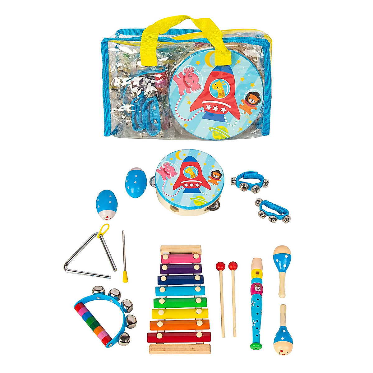 Wooden Musical Instruments Set for Toddlers 1-3, Natural Wood Percussion Instruments Xylophone Gift Set for Girls Boys Kids ,Preschool Educational Musical Toys with Storage Bag (Blue)