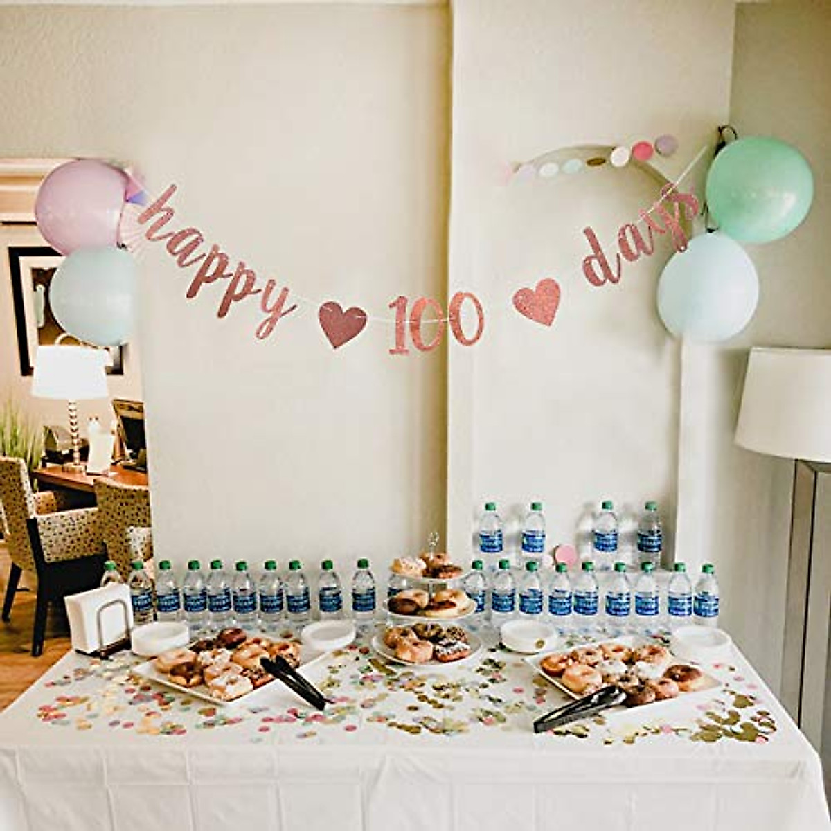 Rose Gold Glittter Happy 100 Days Banner Sign for Kids Birthday, Baby Shower, Wedding Celebration Party Decor Cursive Bunting Decorations