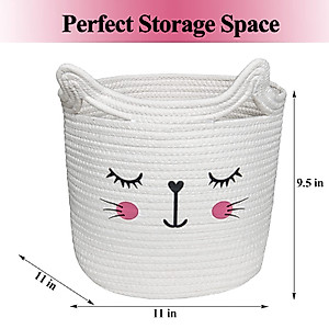 Bigepige Cat Decorative Baby Toy Storage Basket with Handle, Cotton Rope Blanket Basket for Cat Lovers Gift, Stuffed Animal Storage Bin, Cute Kids Laundry Nursery Hamper Organizer (White3, Medium)