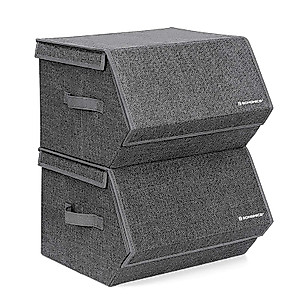 SONGMICS Stackable Storage Bins Set of 2, Storage Boxes with Lids, Non-Woven Fabric Closet Organizers with Magnetic Closures, Side Handles, Dark Gray URYLB02GV1