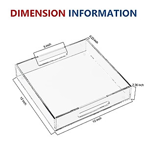KOTEMON Acrylic Serving Tray with Handles-12x12x2.36Inch-Decorative Tray Letter Tray Organizer for Ottoman Coffee Table Countertop, Clear