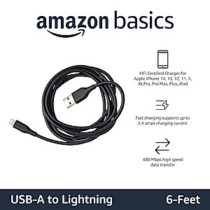 Amazon Basics USB-A to Lightning ABS Charger Cable, MFi Certified Charger for Apple iPhone 14 13 12 11 X Xs Pro, Pro Max, Plus, iPad, 6 Foot, Black