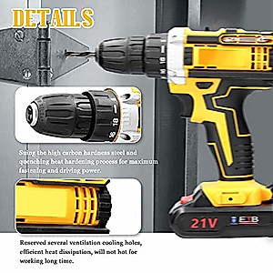 Cordless Drill Set, Power Drill Driver with Variable Speed Control Electric Drill Brush Motor 2 Batteries, Cordless Drill Driver Torque