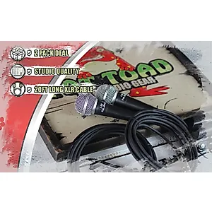 Fat Toad Vocal Microphones with XLR Mic Cables & Clips (2 Pack) Cardioid Dynamic Handheld for Home Studio Recording Package, Live Stage Singing, Adult DJ Karaoke | Pro Audio Mic Cords, 3-Pin Wire