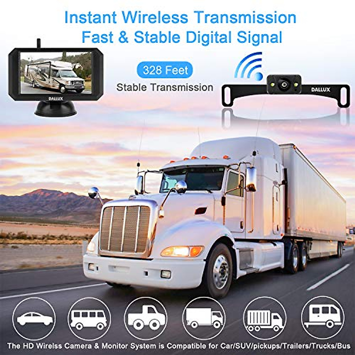 DALLUX Wireless Backup Camera with Stable Digital Signal,5 Inch Monitor+HD 1080P Front/Rear View Night Vision Waterproof Camera for Car,Pickup,Truck,RV,SUV,Van,Camper License Plate Easy Installation