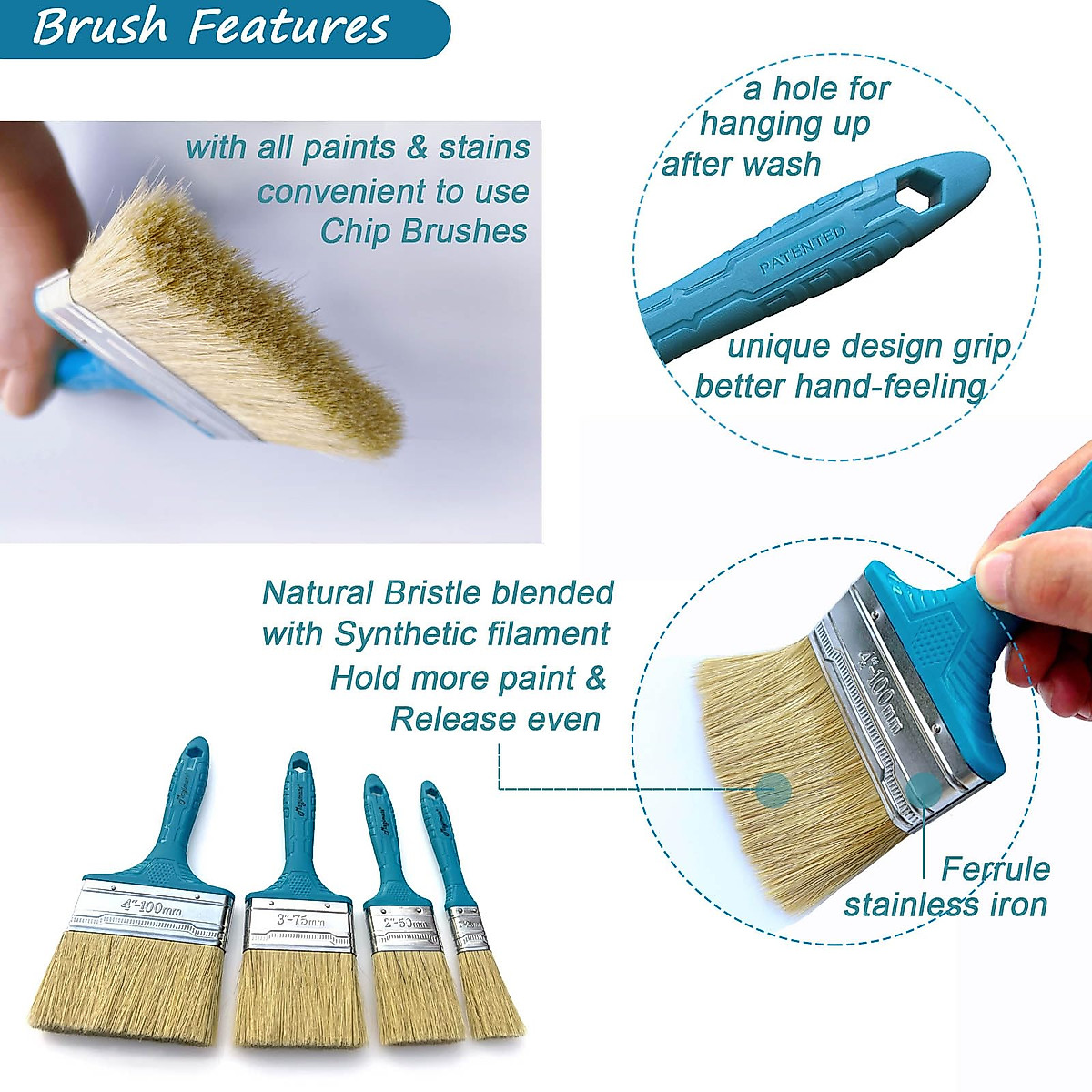 Magimate Stain Brush Set 1-inch 2-inch 3-inch and 4-inch Assortment, Bristle Paint Brush, Natural Bristle Blended with Synthetic, Chip Paint Brush Variety Staining Brushes Pack of Four