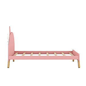 Lifeand Twin Size Bed with Shelf Behind Headboard,Wooden Cute Platform Bed with Curved Headboard,Pink
