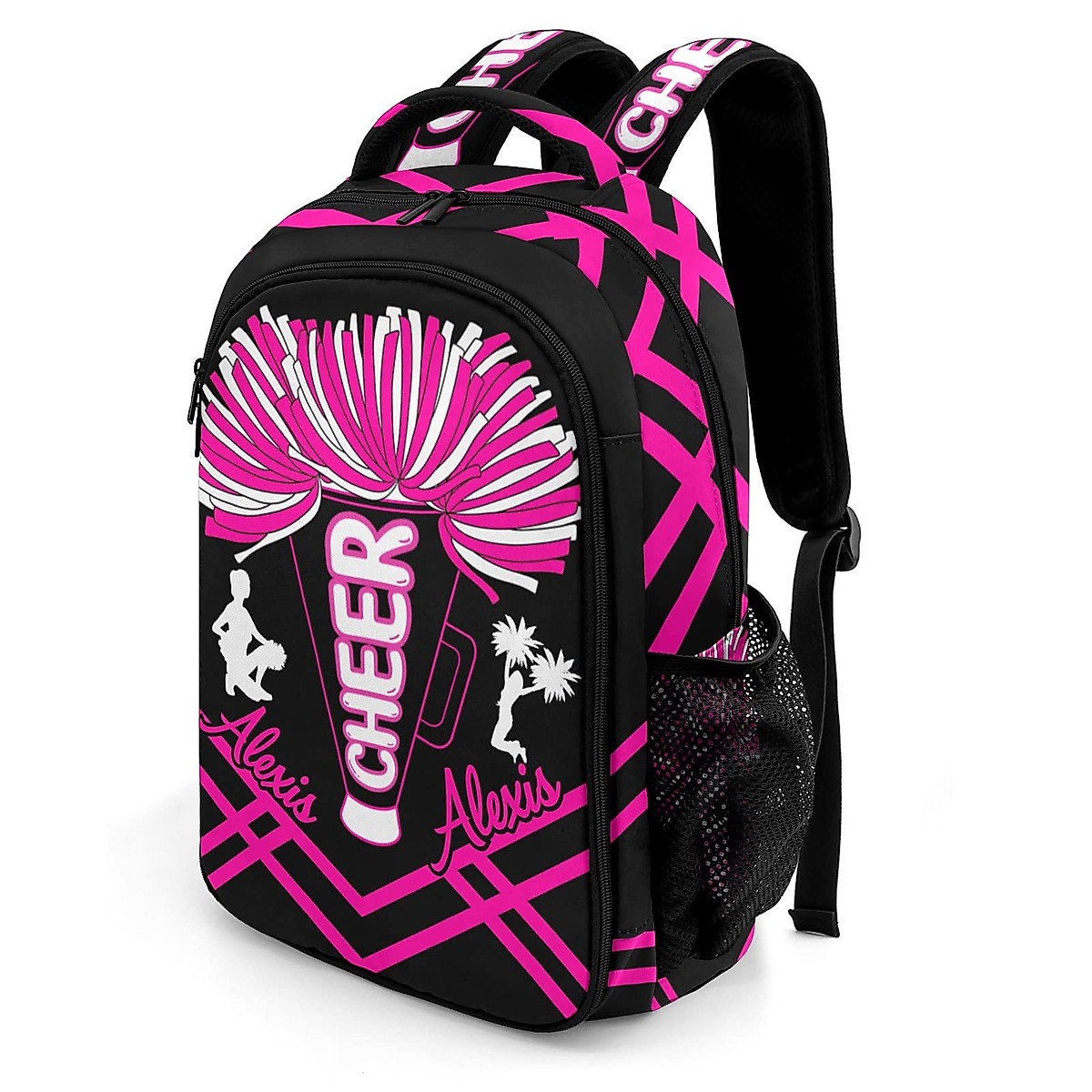 Anneunique Custom Pink Black Cheerleaders Pom Cheer Backpack Custom Name Large Capacity Shoulder Bags for Sports Party