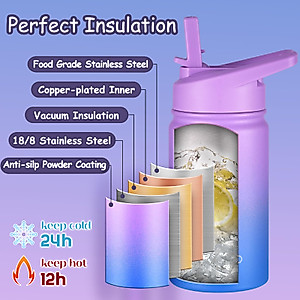 Mininoo Insulated Kids Water Bottle, 12 oz Stainless Steel Water Bottle Kids with Straw Lid and Chug Lid for Girls, Boys (Purple/Blue)