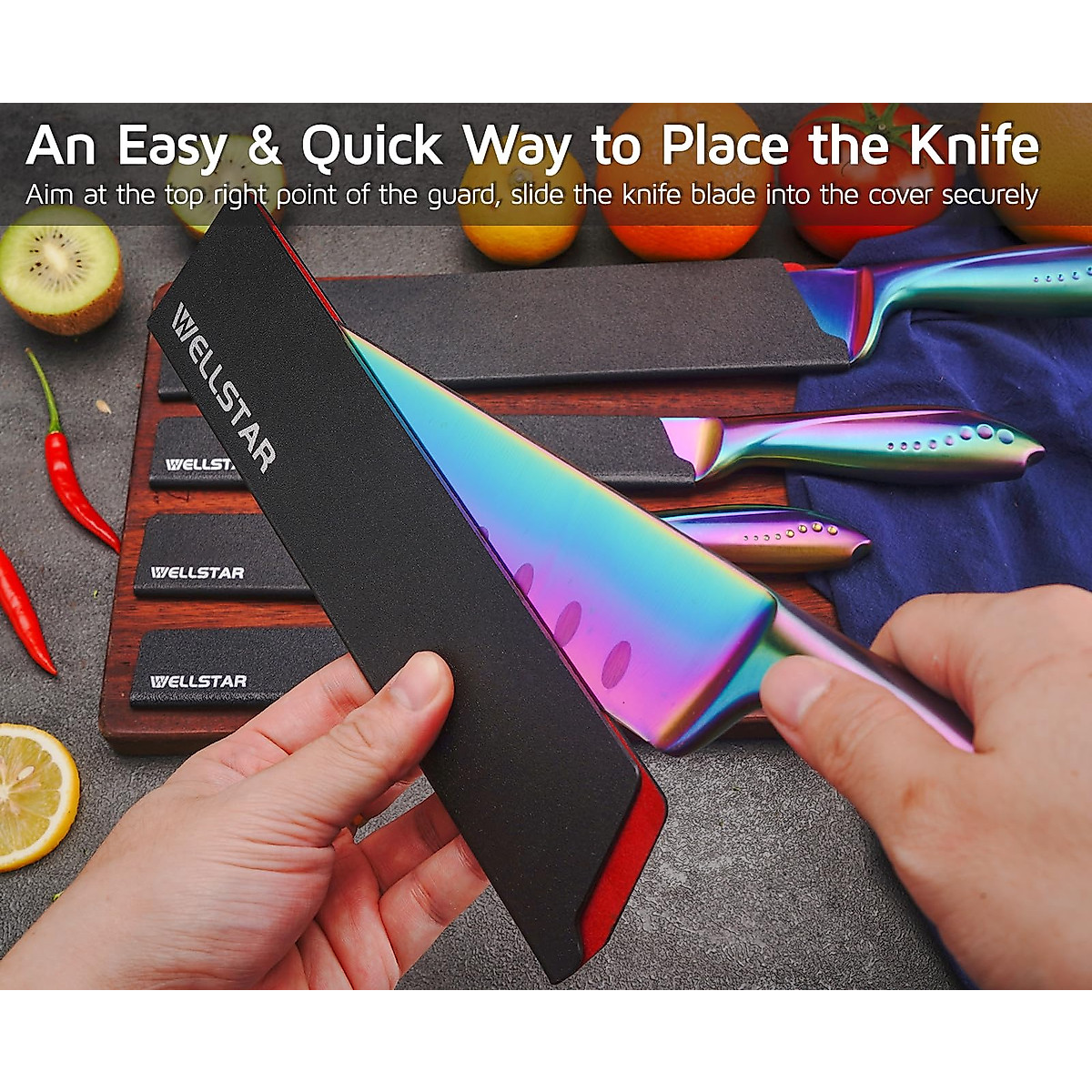 WELLSTAR Knife Edge Guards Set, 5 Piece Universal Blade Covers, BPA Free ABS Protective Blade Sheaths, Non-Scratch Felt Lining Kitchen Knives Covers (Knives not included)