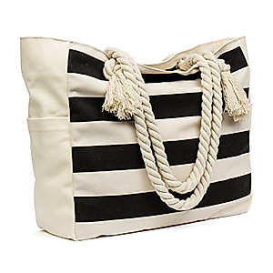 Malirona Large Beach Travel Tote Bag Canvas Shoulder Bag with Cotton Rope Handle (Black Stripes)