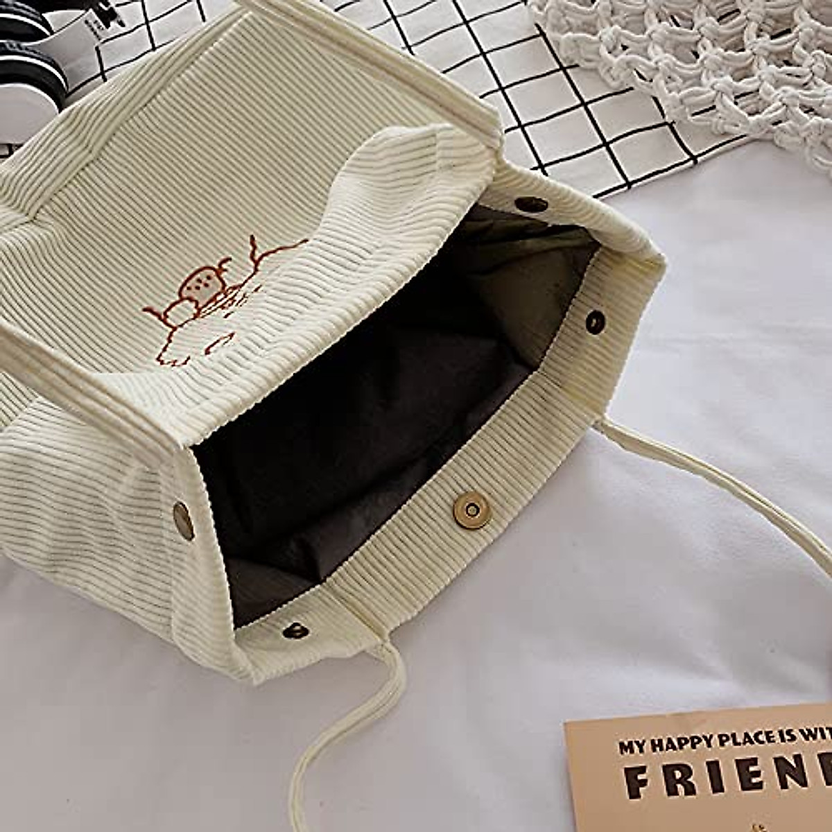 Corduroy Totes Bag Women Girls Corduroy Shoulder Bag Cute Cartoon Embroidery Casual Shoulder Tote