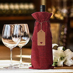 FYY Burlap Wine Gift Bags, 10 Pcs Christmas Wine Bottle Cover with Drawstring, 10 Tags and Ropes for Christmas, Wedding, Birthday, Holiday Party