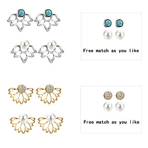 18 Pairs Multiple Dainty Lotus Flower Ear Jacket Earrings-Minimalism CZ Bar Turquoise Studs-White Rose Gold Plated Statement Chic Fashion Stud Earring Set New Year Christmas Gift for Teens Girl Women