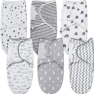 6 Pcs Baby Swaddle Blanket Adjustable Infant Sleep Sack Wrap Gray Newborn Swaddle Elephant Stripe Star Cloud Baby Swaddle Wrap for Boys Girls Sleep, 0-3 Month