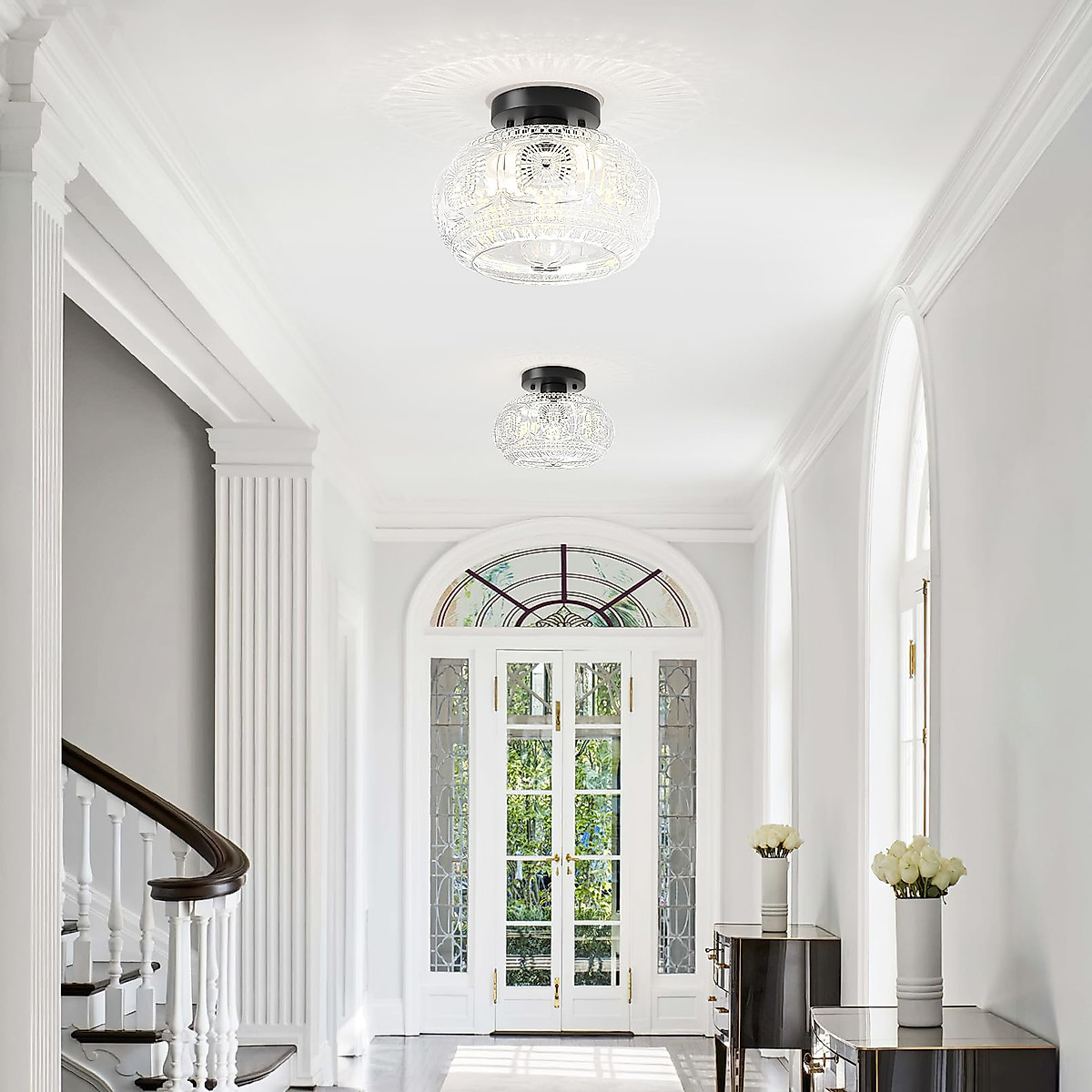 OYKYOHEI Semi Flush Mount Ceiling Light, Globe Glass Ceiling Light Fixture, Black Modern Lighting for Hallway Porch Corridor Kitchen Bedroom, Bulb Not Included