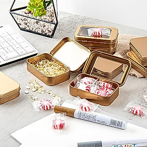 Restaurantware RW Base 4.5 Ounce Rectangular Tin Containers 10 Durable Tin Boxes With Lids - Clear Window Lids Rounded Edges Gold Tin Storage Containers Customizable Fits Mints Or Pills