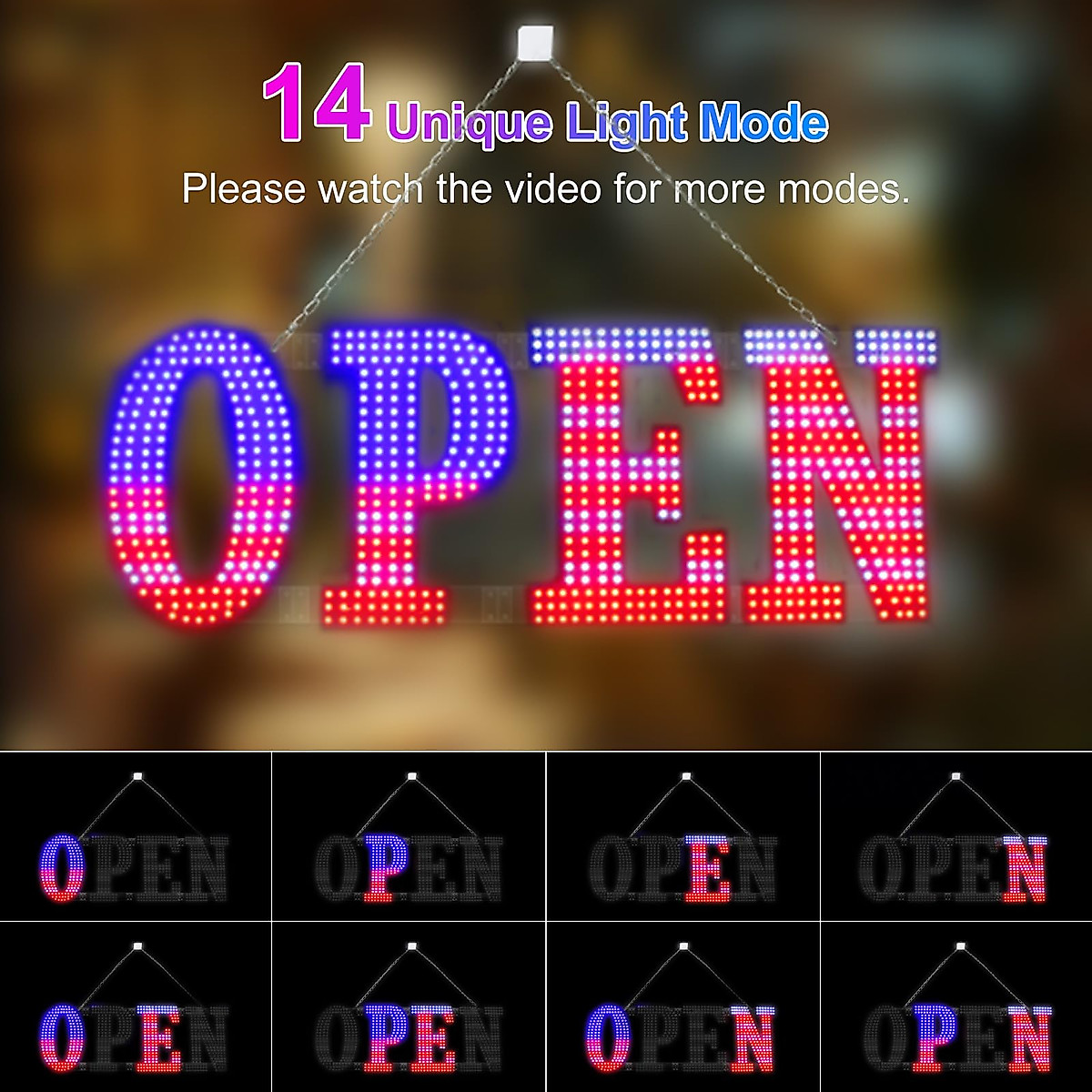 Flashing USA Flag Open Sign, 40"x14" Large Led Open Sign with 14 Scene Modes, Open Sign for Business with Hanging Installation, Ultra Bright Open Sign for Boutique, Stores, Bar, and More