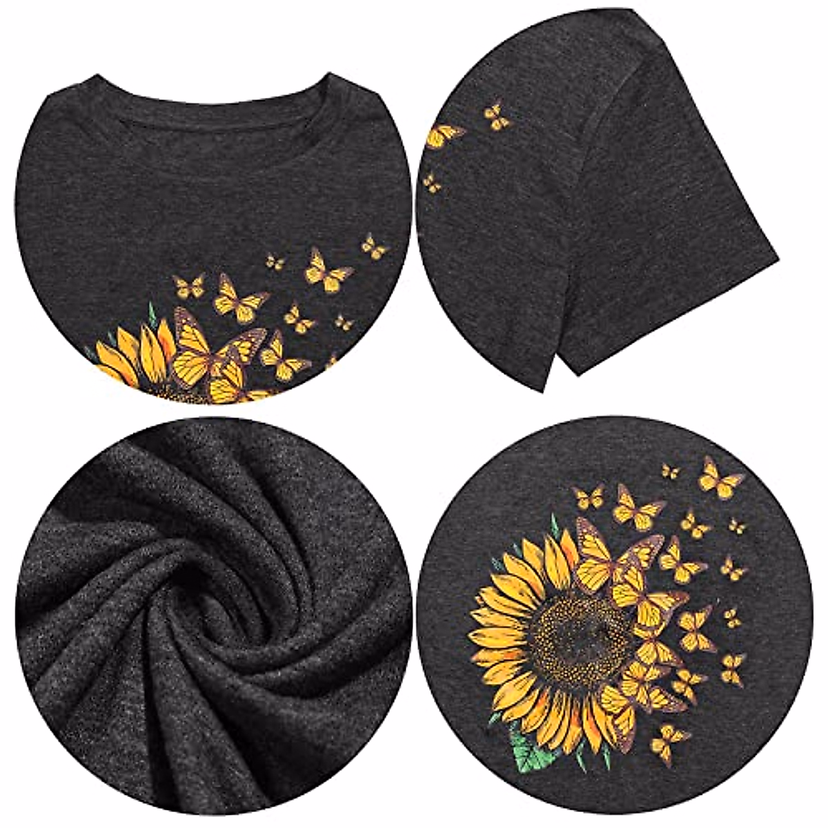Women Sunflower Shirts Cute Butterfly Graphics Tshirt Casual Short Sleeve Summer Tops Holiday Tee Shirt
